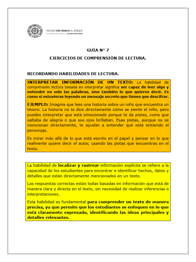 Guía 7 Ejercitación Comprensión Lectora 7° Básico | PDF | Comprensión lectora