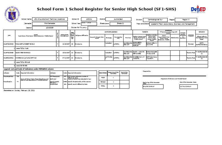 School Form 1 (SF 1) Grade 11 ABM 2023-2024 | PDF