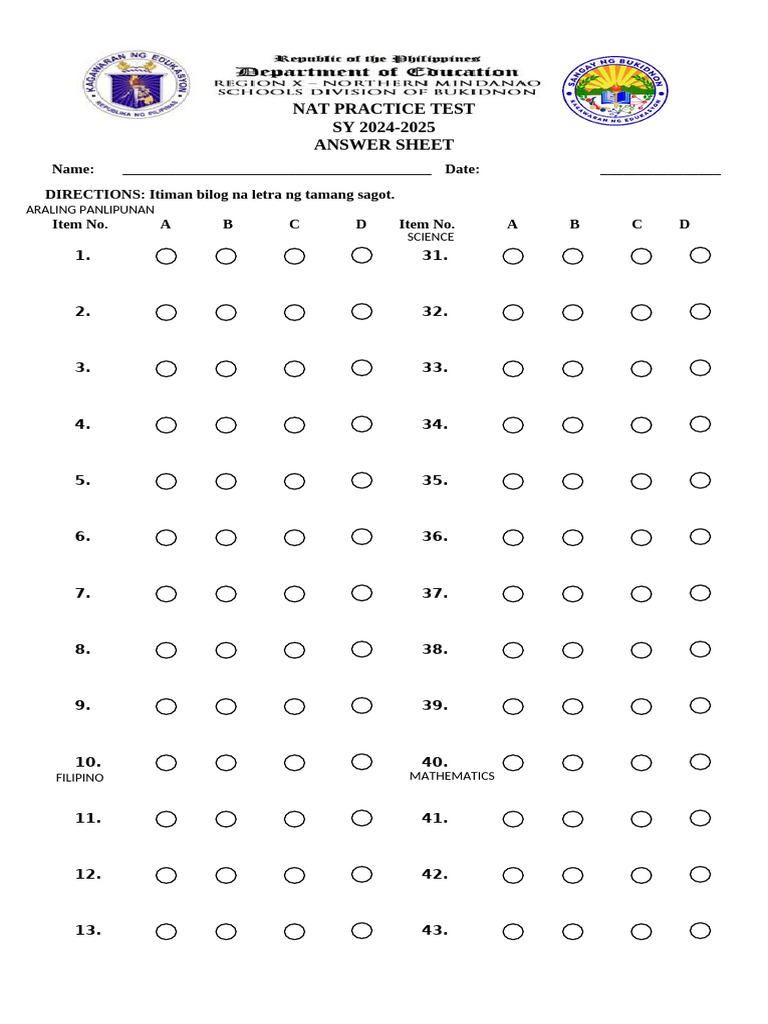 NAT Practice Test Answer Sheet 2024-2025 | PDF