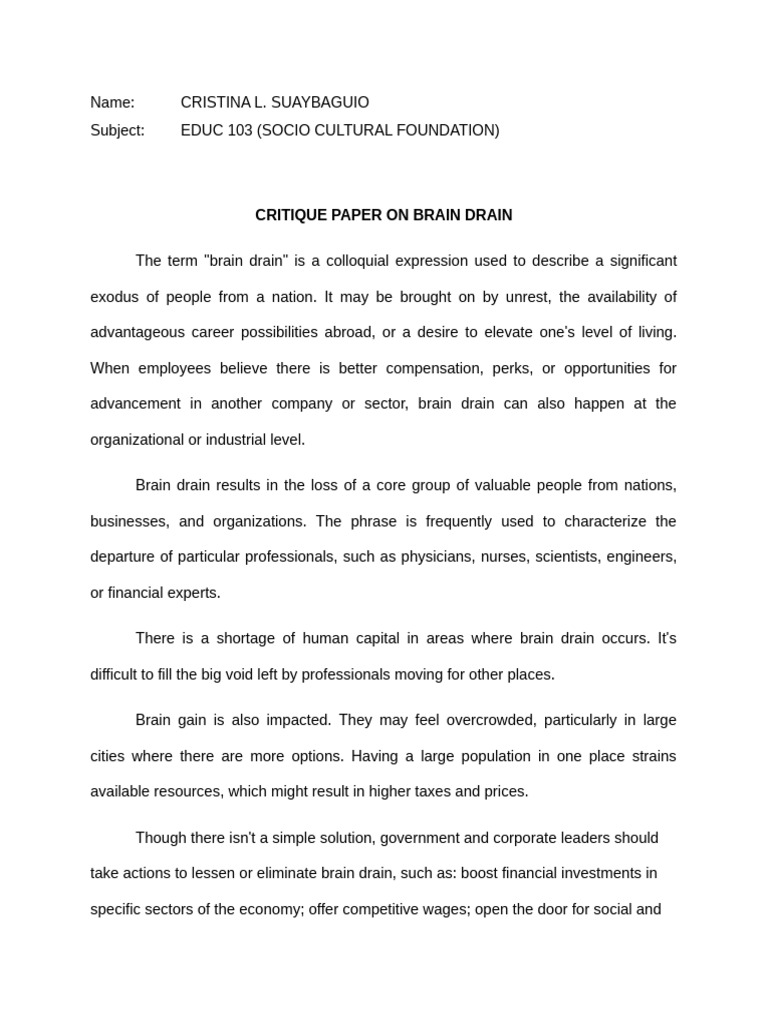 CLSUAYBAGUIO - Critique Paper 1 - Brain Drain | PDF