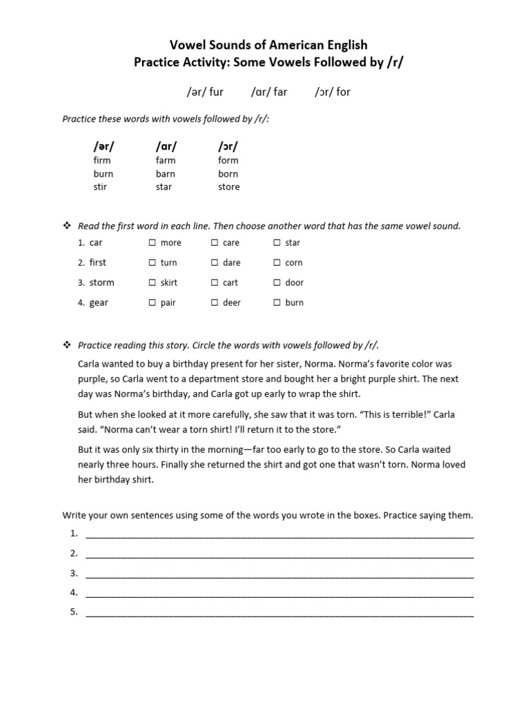 R-Controlled Vowels Practice Handout | PDF