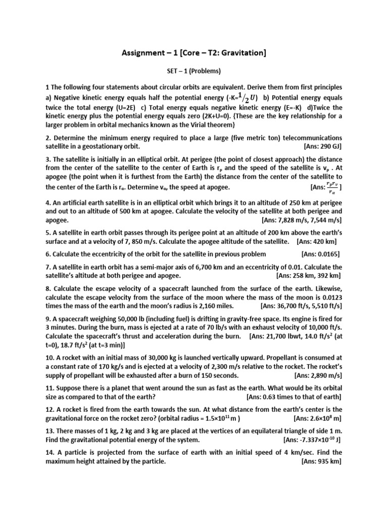 Assignment - 1 (T2 - Gravitation) | PDF | Orbit | Rocket
