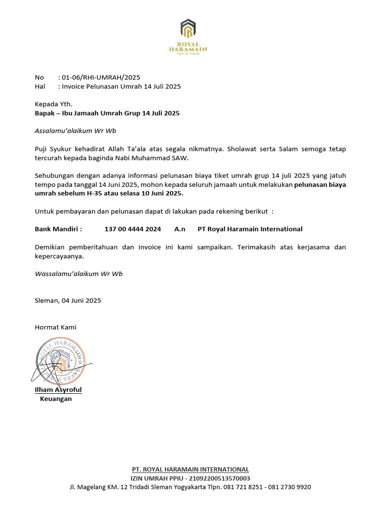 Invoice Pelunasan Umrah 14 Juli 2025 | PDF