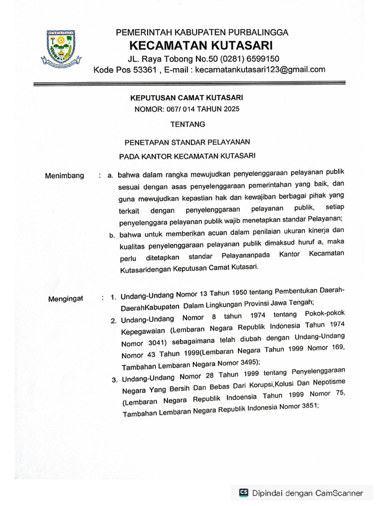 SK Standar Pelayanan 2025 Kec - Kutasari 5 | PDF