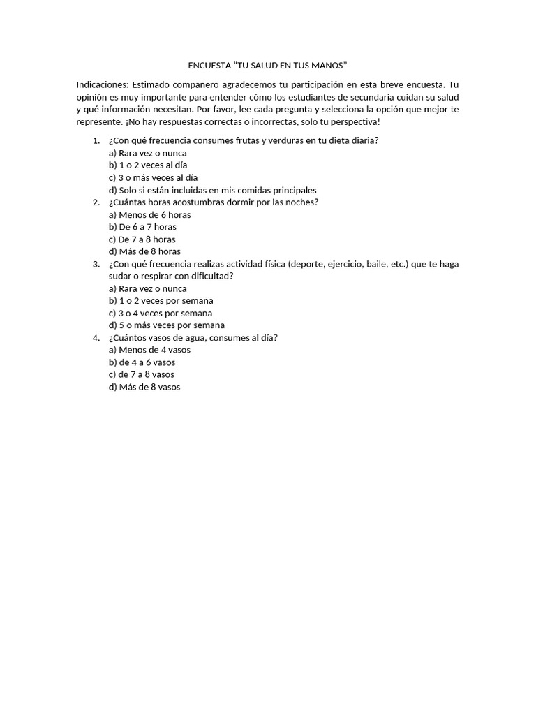 Encuesta sobre Hábitos de Salud Estudiantil | PDF