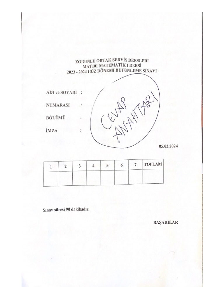 Mat 101 2023 2024 Guz Butunleme Sinavi | PDF