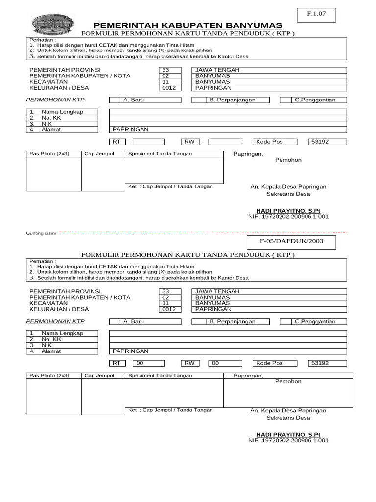 Formulir Permohonan KTP Tanda Tangan Sekdes | PDF