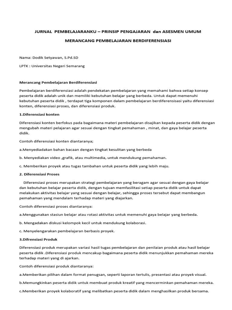 Jurnal Pembelajaranku - Prinsip Pengajaran Dan Asesmen Umum | PDF