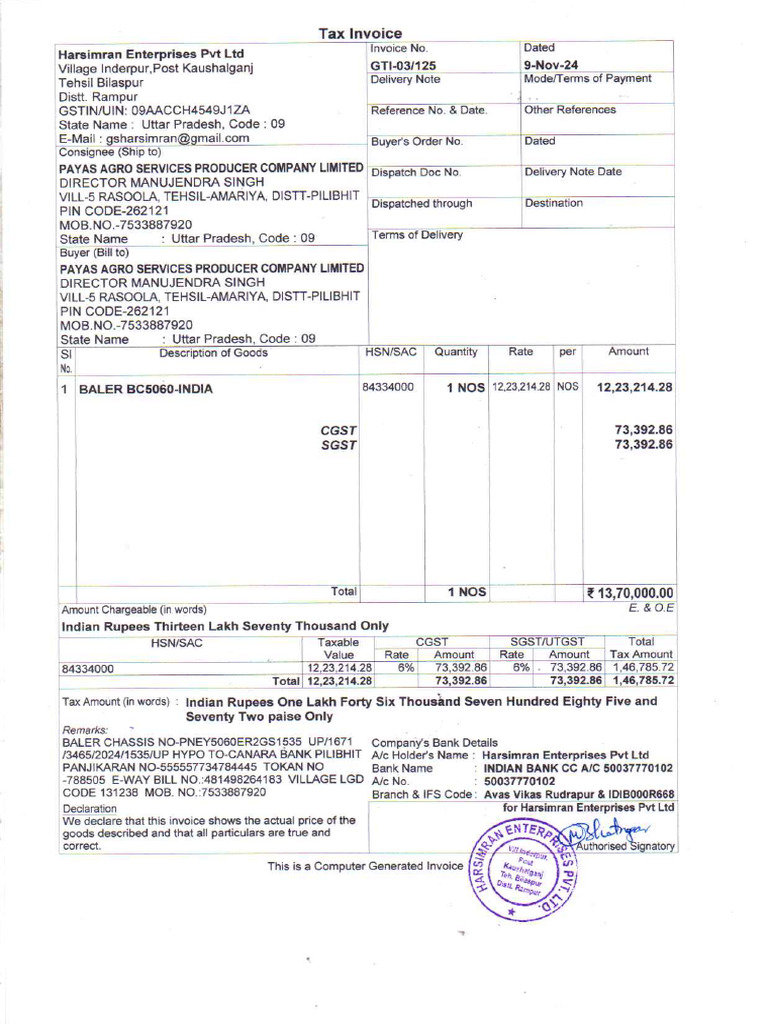 Payas Agro Baler Bill 3 | PDF