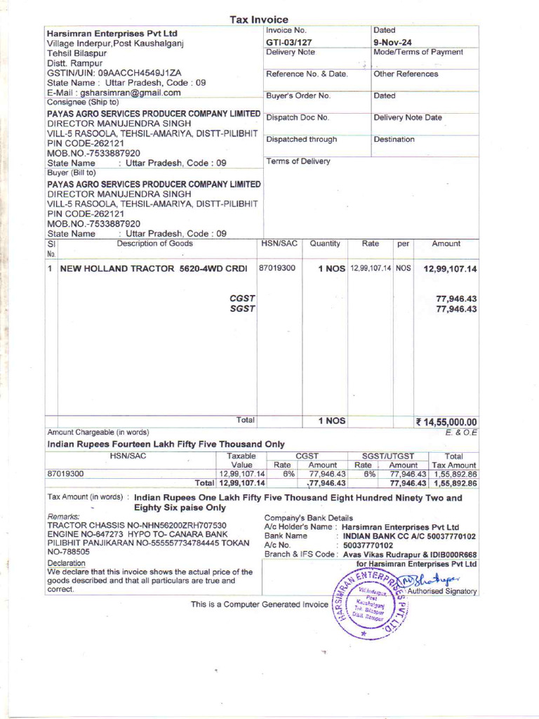 Payas Tracror 5620 Bill 2 | PDF