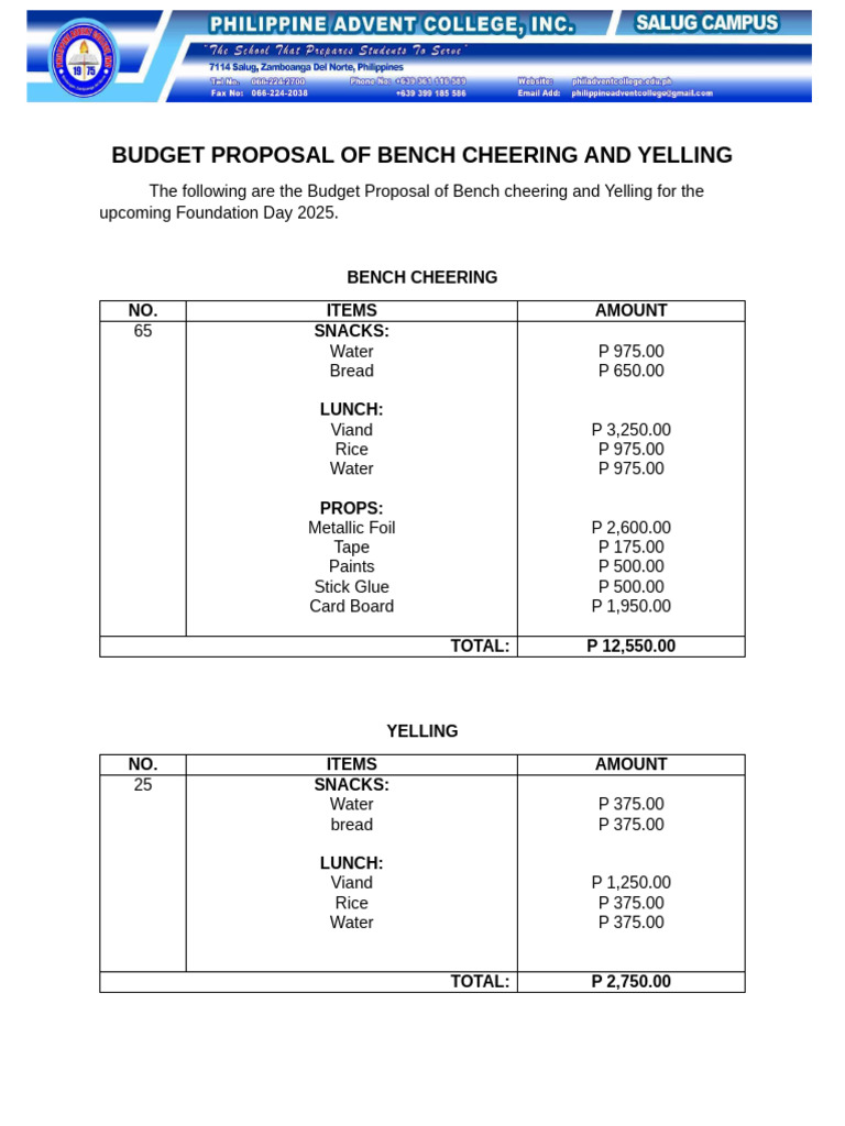 Budget Proposal of Bench Cheering and Yelling | PDF