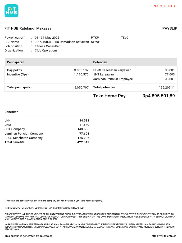 Talenta Payslip FIT HUB Ratulangi Makassar 5 2025 Tio Ramadhan Setiawan ...