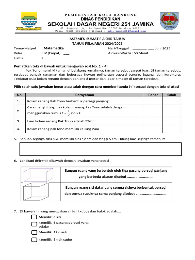 Soal Asat Matematika Kls 4 2025 | PDF