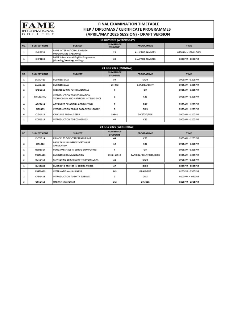 April, May 2025-Final Exam Draft Schedule (Fiep, CBS, Diploma) (Draft Version) | PDF | Computing ...