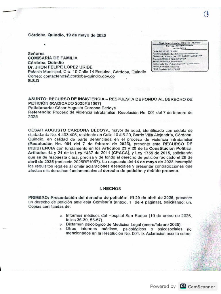 4.) Recurso de Insistencia Radicado El 19 de Mayo de 2025 (5) Folios) | PDF