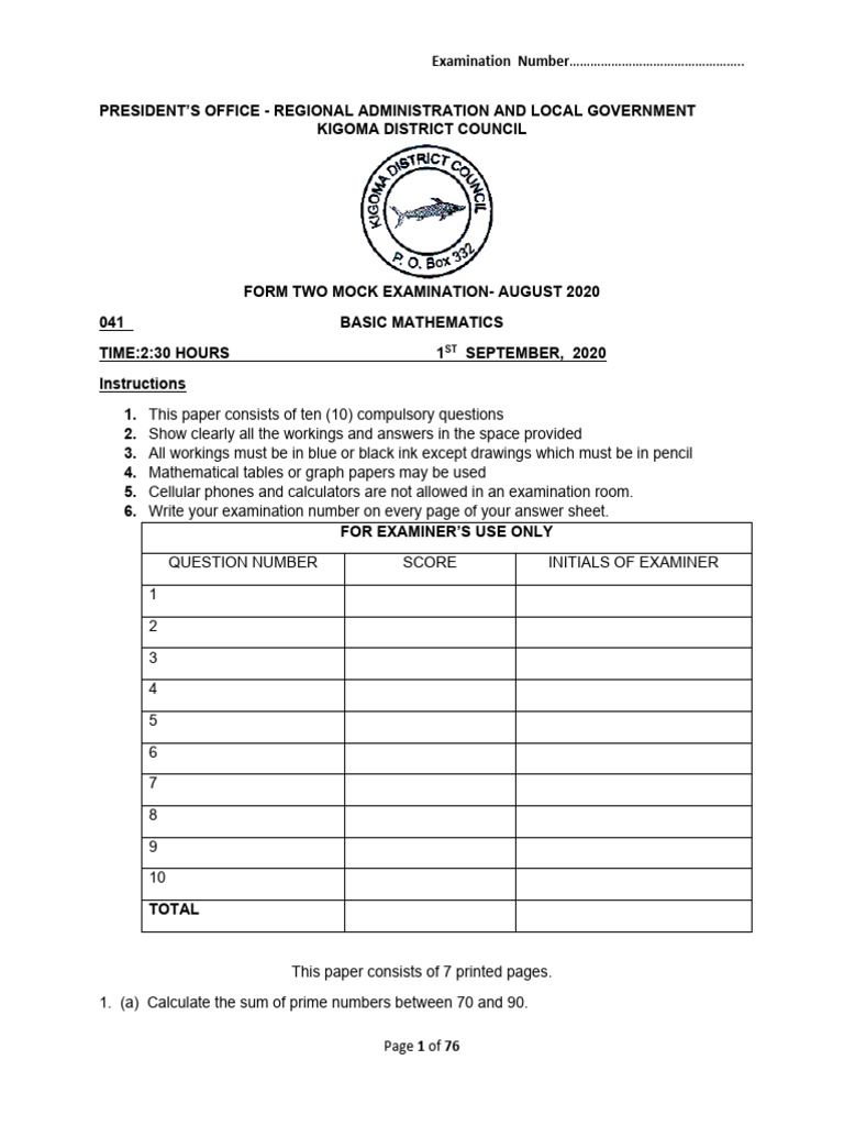 10 Subjects Form 2 Mock Exams 2020 | PDF | Mathematics