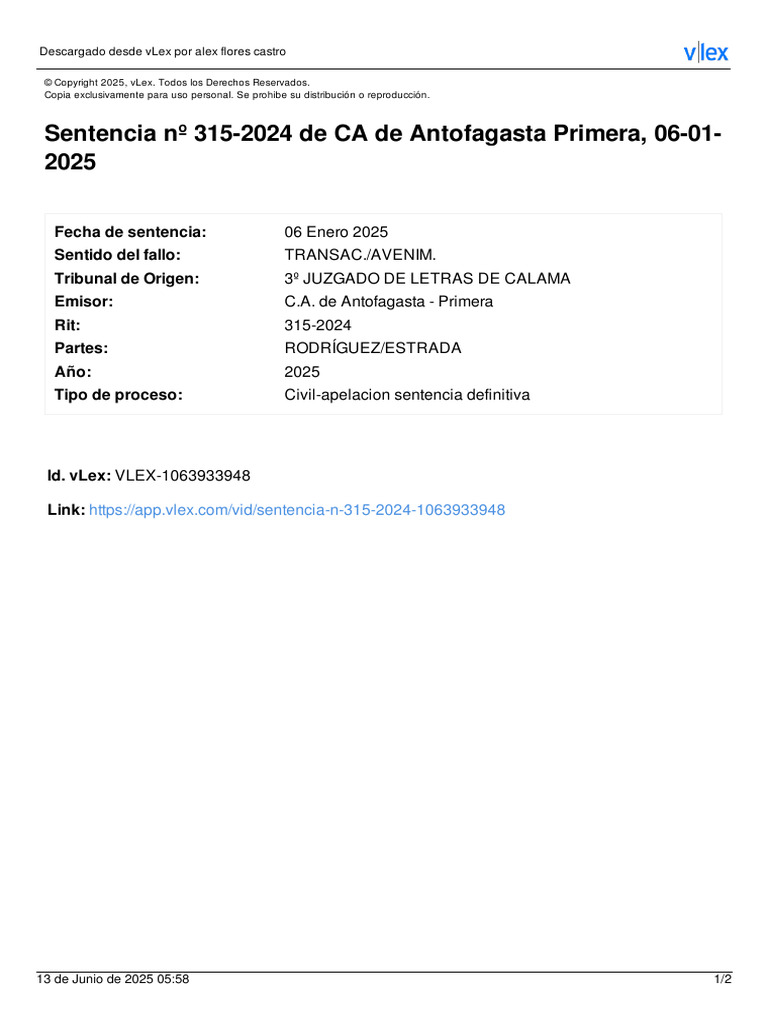 Sentencia N 3152024 de CA de Antofagasta Primera 06012025 Co | PDF
