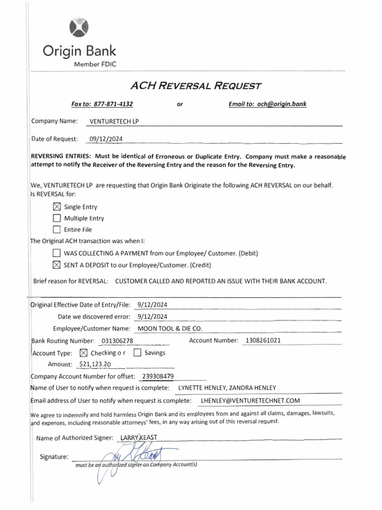 Origin Bank ACH Reversal Request | PDF