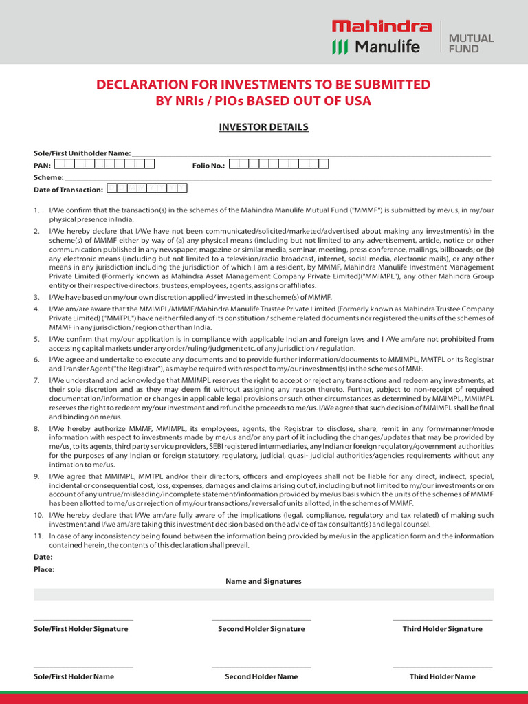 Declaration For Investments by NRIs (US BASED) New | PDF | Money Market Fund | Justice