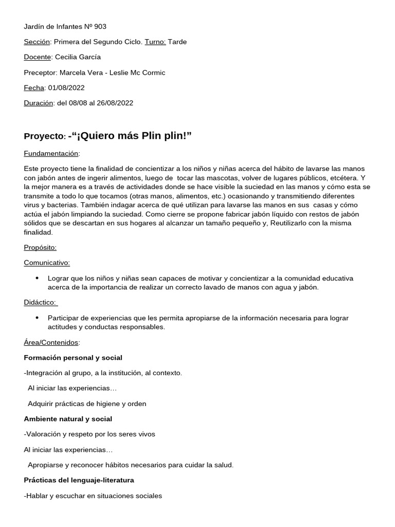 Proyecto Quiero Más Plin Plin 2022 | PDF | Lavado de manos | Jabón