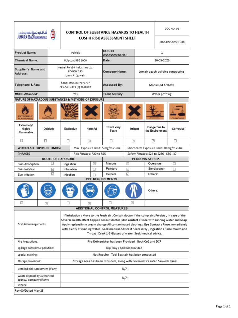 Jbbc-Hse-Frm - Coshh Assessment Sheet | PDF | Toxicity | Occupational ...