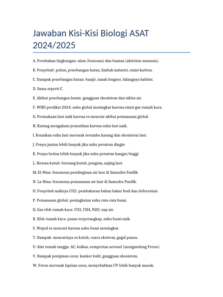 Jawaban Kisi-Kisi Biologi ASAT 2024-2025 | PDF