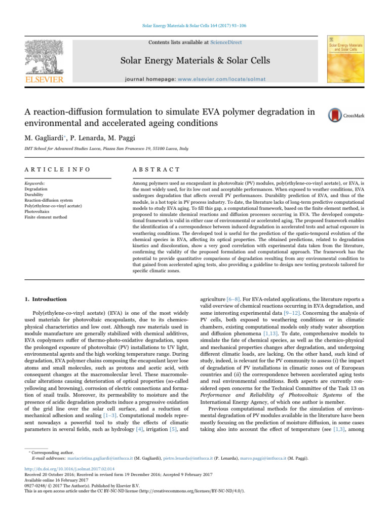 A Reaction-Diffusion Formulation To Simulate EVA Polymer Degradation in ...