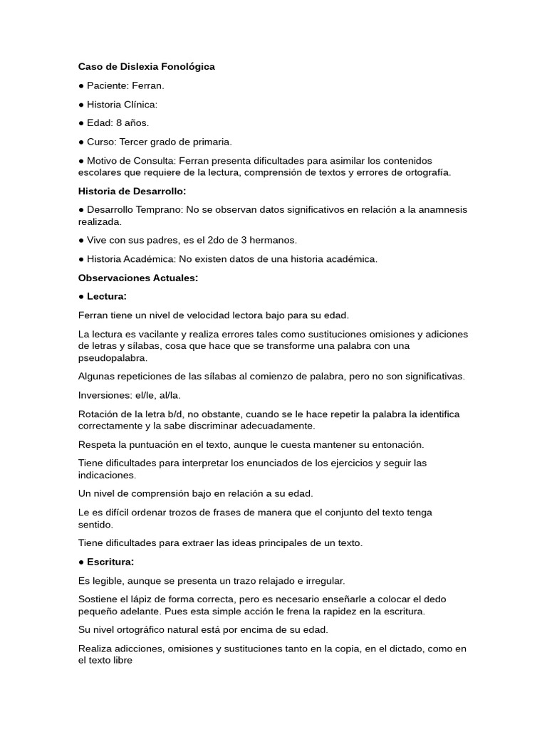 Caso de Dislexia y Disortografía | PDF | Dislexia | Aprendizaje