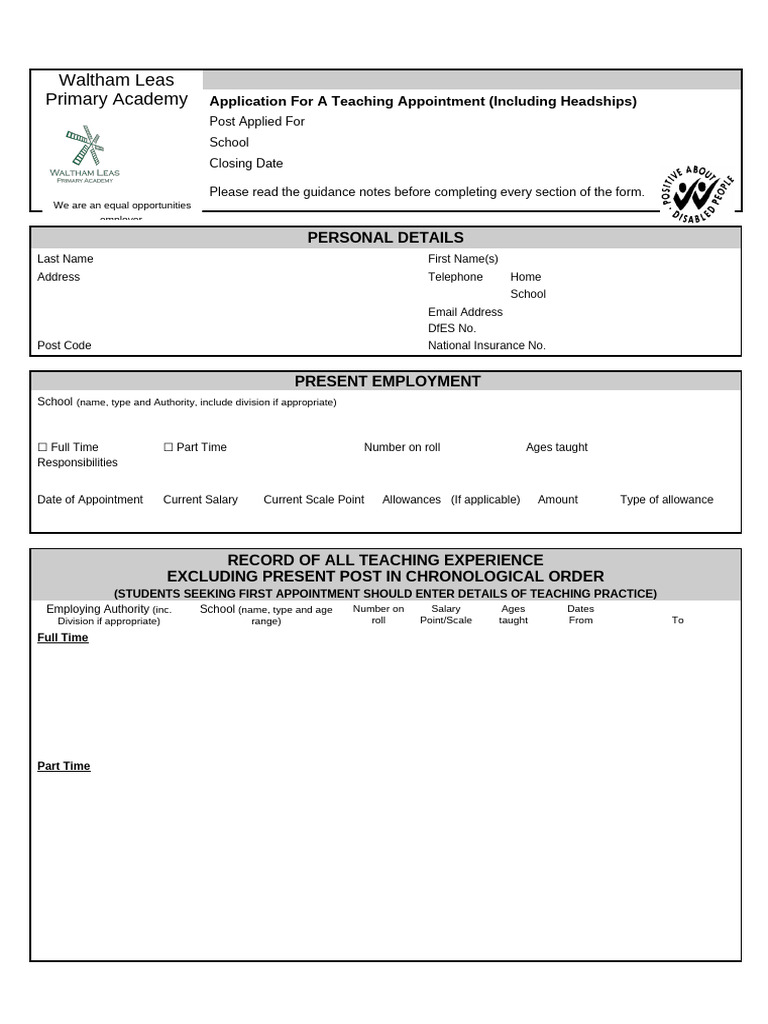 Teaching Application Form | PDF
