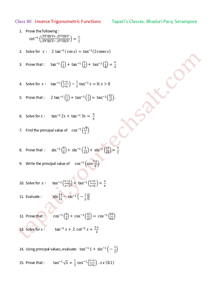 Mathematics Class 12 ISC Model Questions of Inverse Trigonometric Functions 2 1 | PDF ...