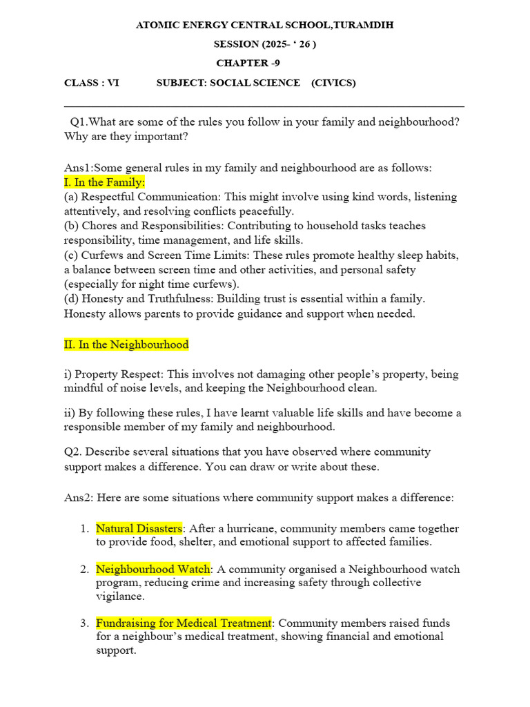 Question and Answers Civics Family and Community | PDF | Social Psychology