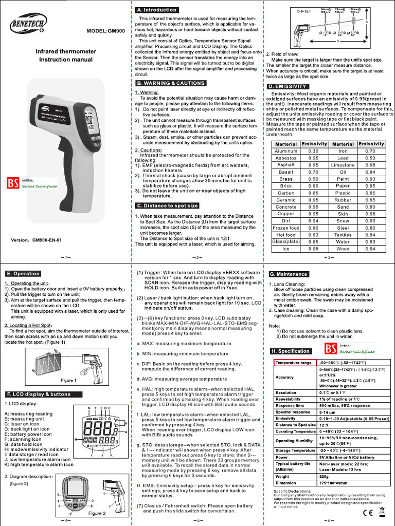Manual & Spek BENETECH GM900 Infra Red Thermometer - 50 + 950 C | PDF
