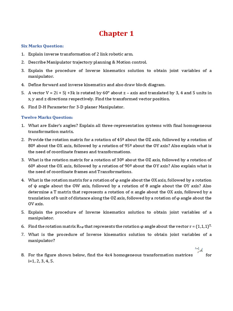 Question Bank Industrial Robotics | PDF | Kinematics | Rotation