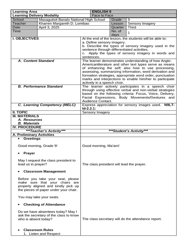 Minggay's Lesson Plan - Demo Plan | PDF | Senses | Perception