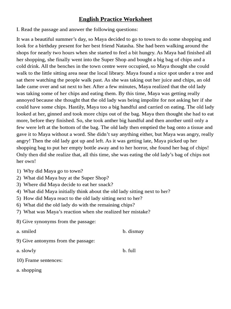 English Practice Worksheet | PDF