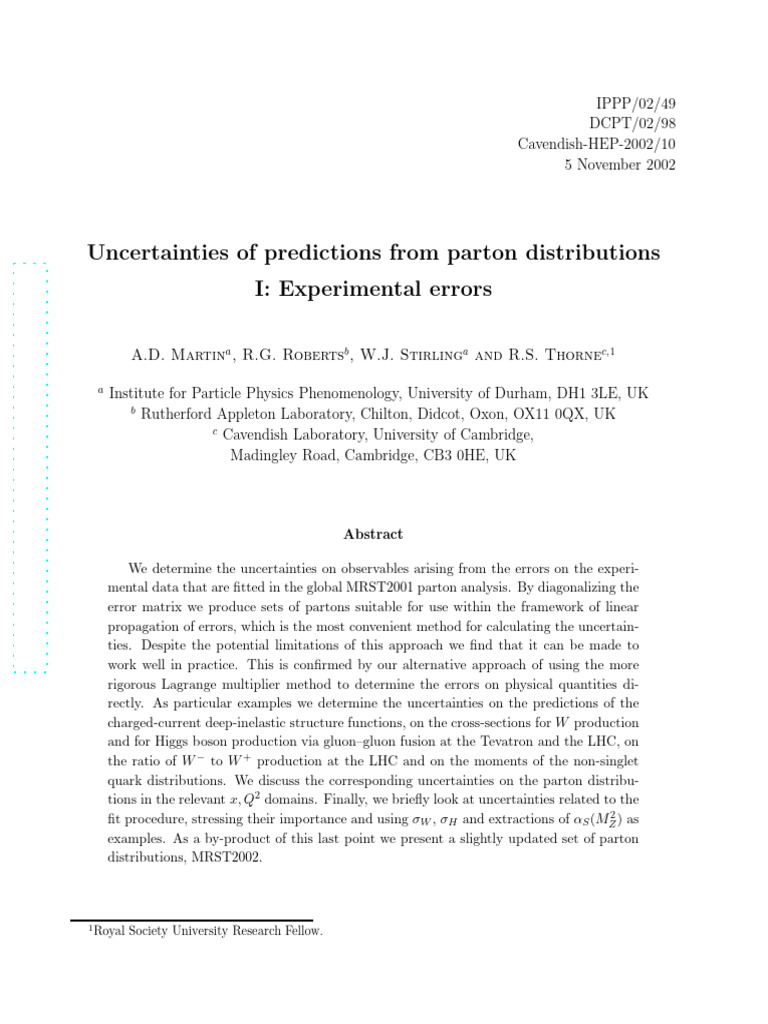 Uncertainties of Predictions From Parton Distributions I: Experimental Errors | PDF | Quark ...