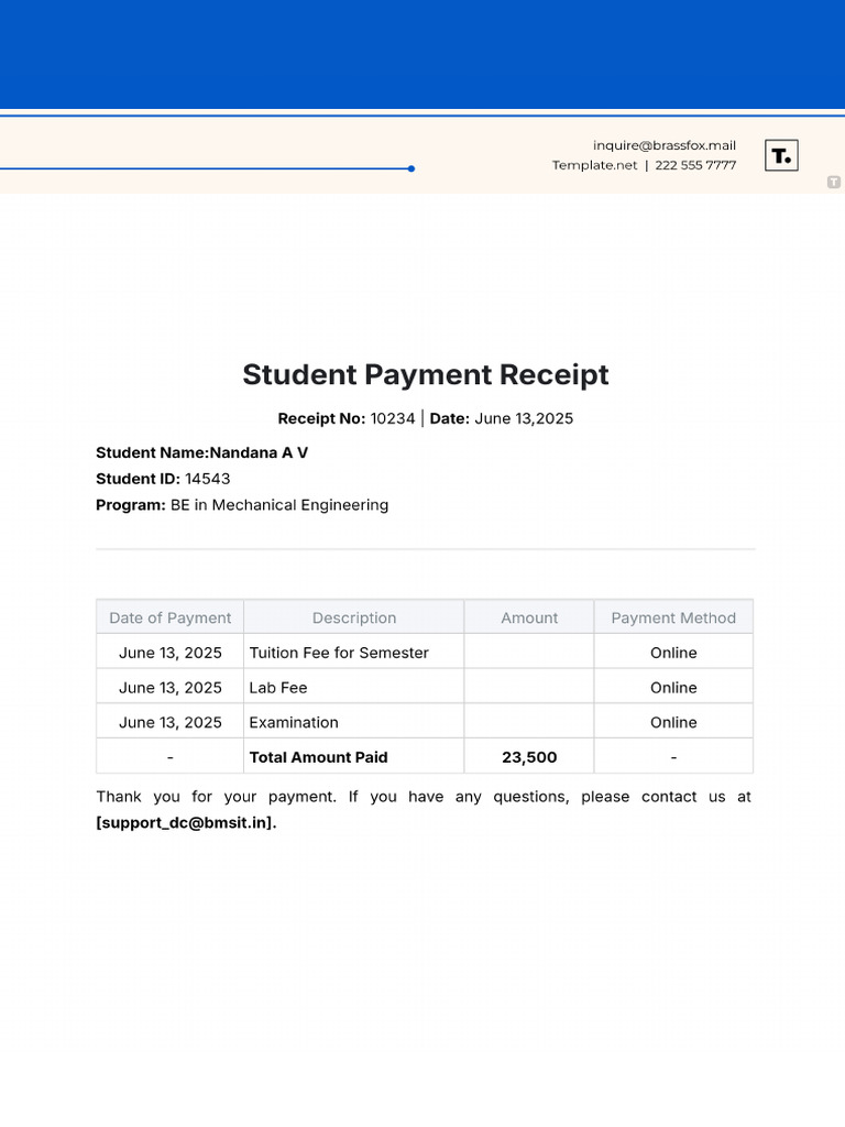 Free Student Payment Receipt Template | PDF