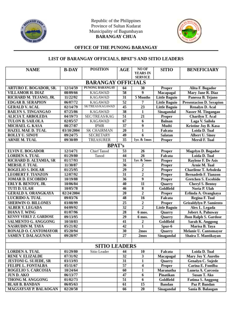 Barangay Officials, Bpats, Sitioleaders | PDF