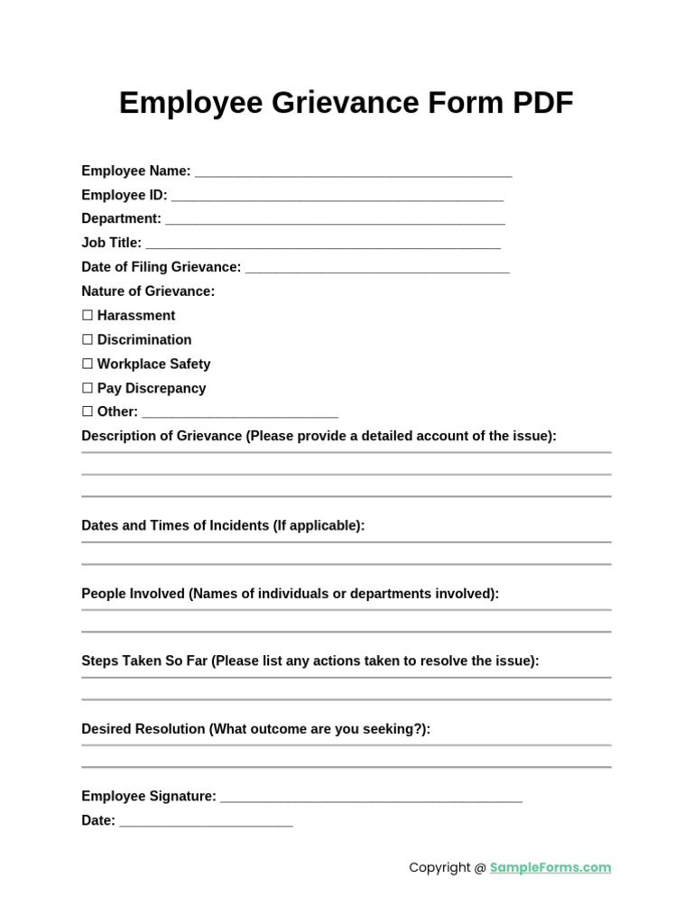 Employee Grievance Form Template PDF | PDF
