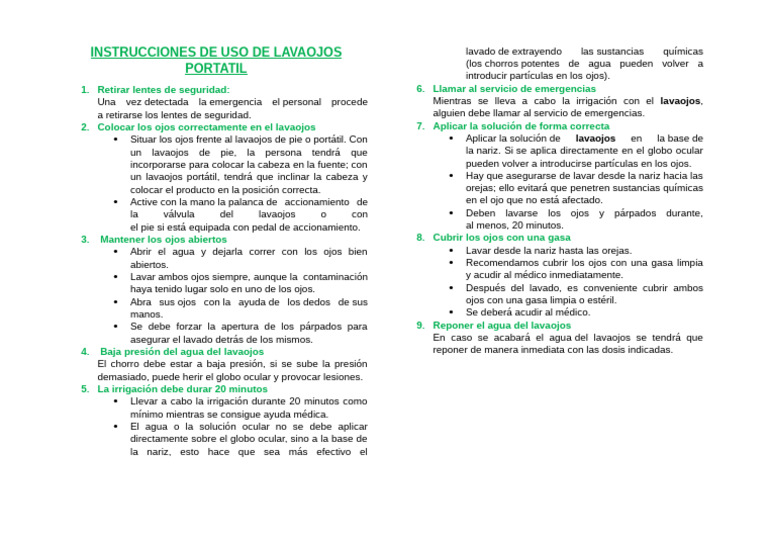 Instrucciones de Uso Lavaojos | PDF | Agua | Ojo