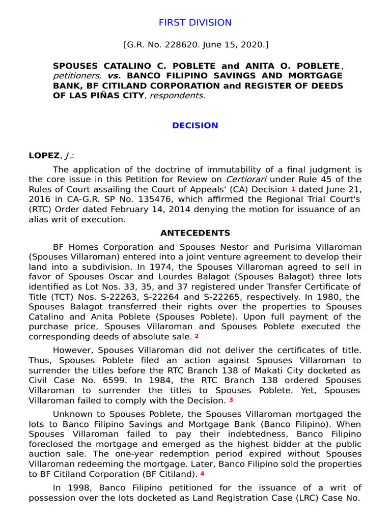 Poblete vs. Banco Filipino: Title Dispute Decision | PDF | Judgment ...