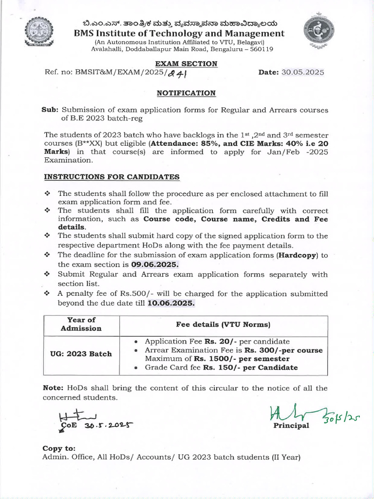 Submission of Exam Application Forms For Regular and Arrears Courses of B.E 2023 Batch | PDF