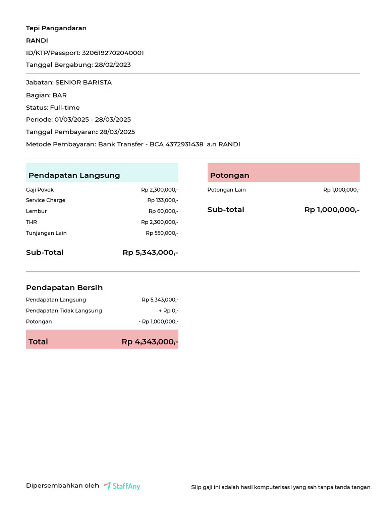 Slip Gaji Randi 8 Maret | PDF