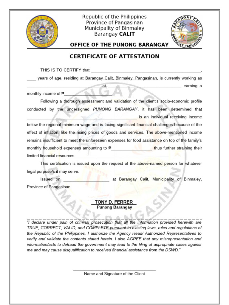Certificate of Attestation - Barangay Calit | PDF