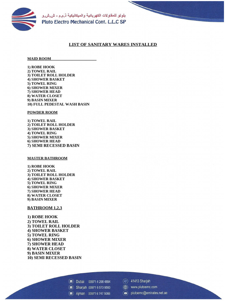 List of Installed Sanitary Wares | PDF