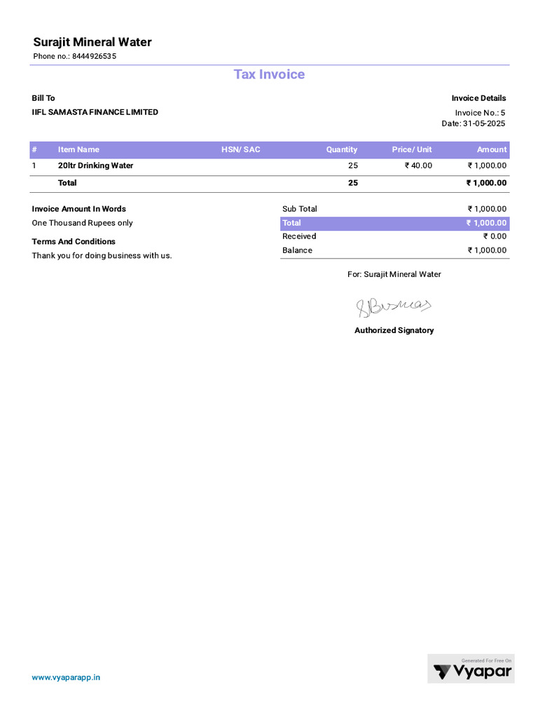 Drinking Water Bill - May'25 | PDF