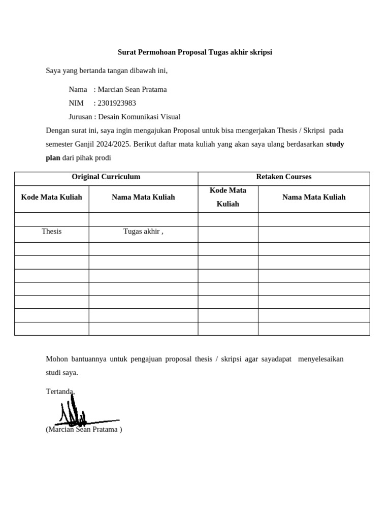 Surat Permohonan Proposal Tugas Akhir 2024, Marcian Sean | PDF