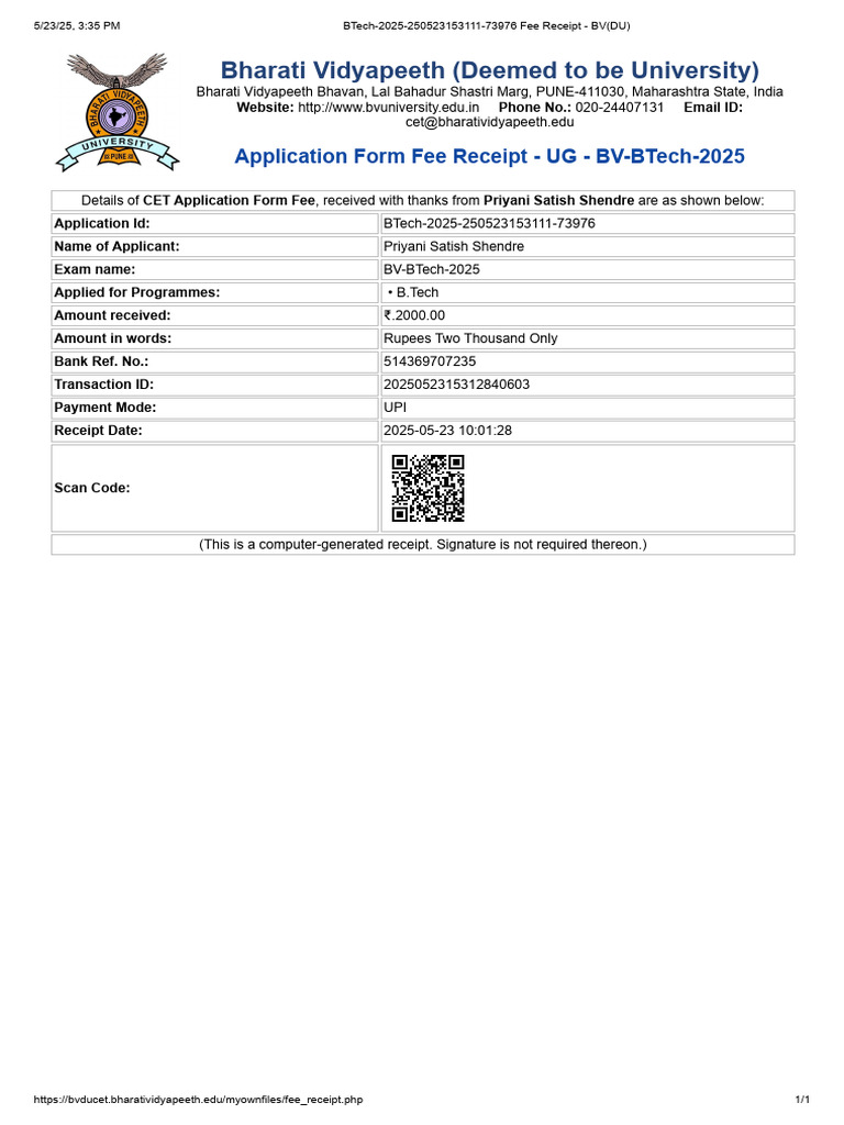 BTech-2025-250523153111-73976 Fee Receipt - BV (DU) | PDF