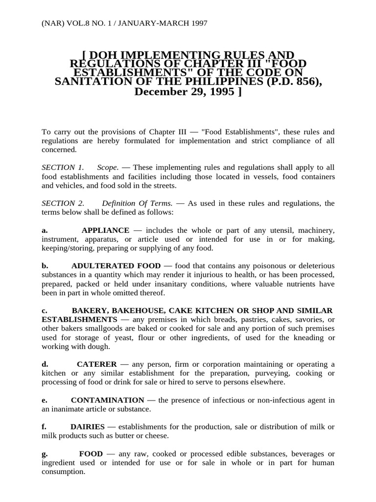 DOH Implementing Rules and Regulations of Chapter III Food and Establishments of The Code On ...
