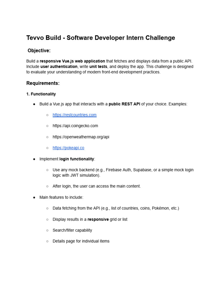 Tevvo Build - Software Developer Intern Challenge | PDF